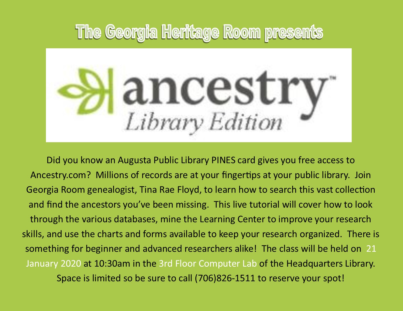 Ancestry Library Edition Class | Augusta Public Library Local History ...